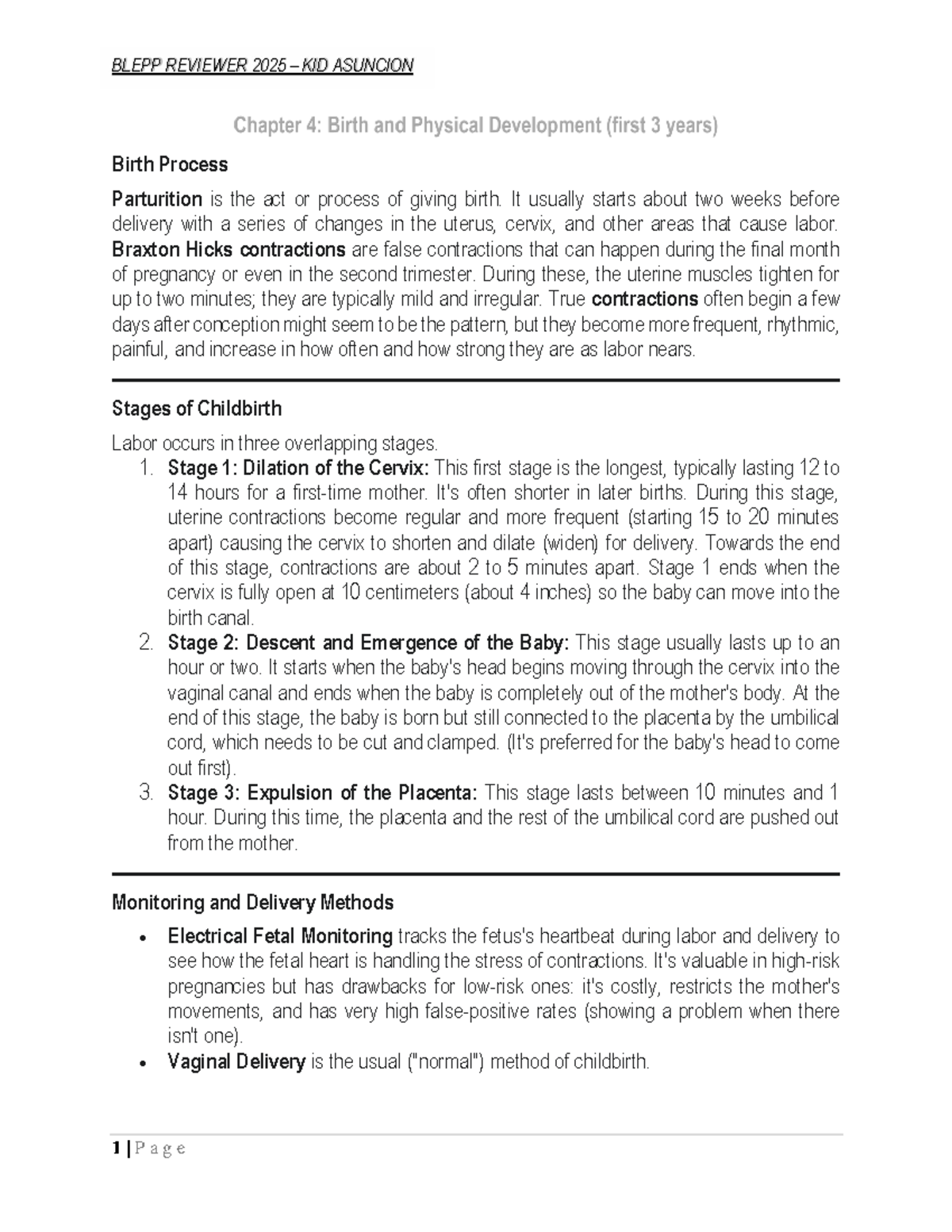 BLEPP 2025 REVIEWER: Chapter 4 - Birth Process and Child Development ...