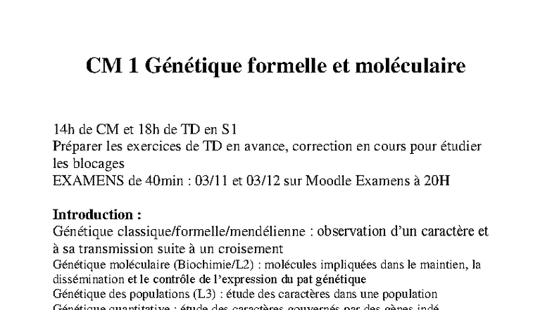 CM 1 Génétique formelle et moléculaire : Introduction et Concepts clés ...