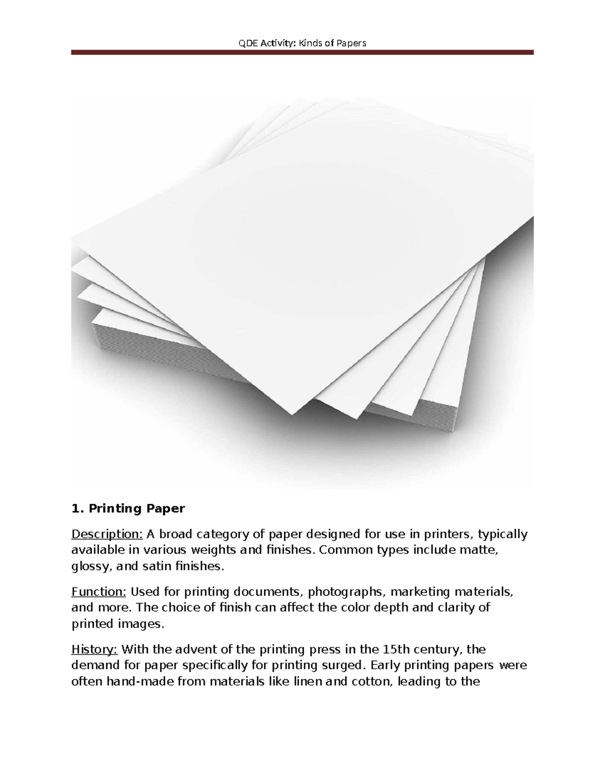 QDE Types and Uses of Various Papers: A Comprehensive Overview - Studocu