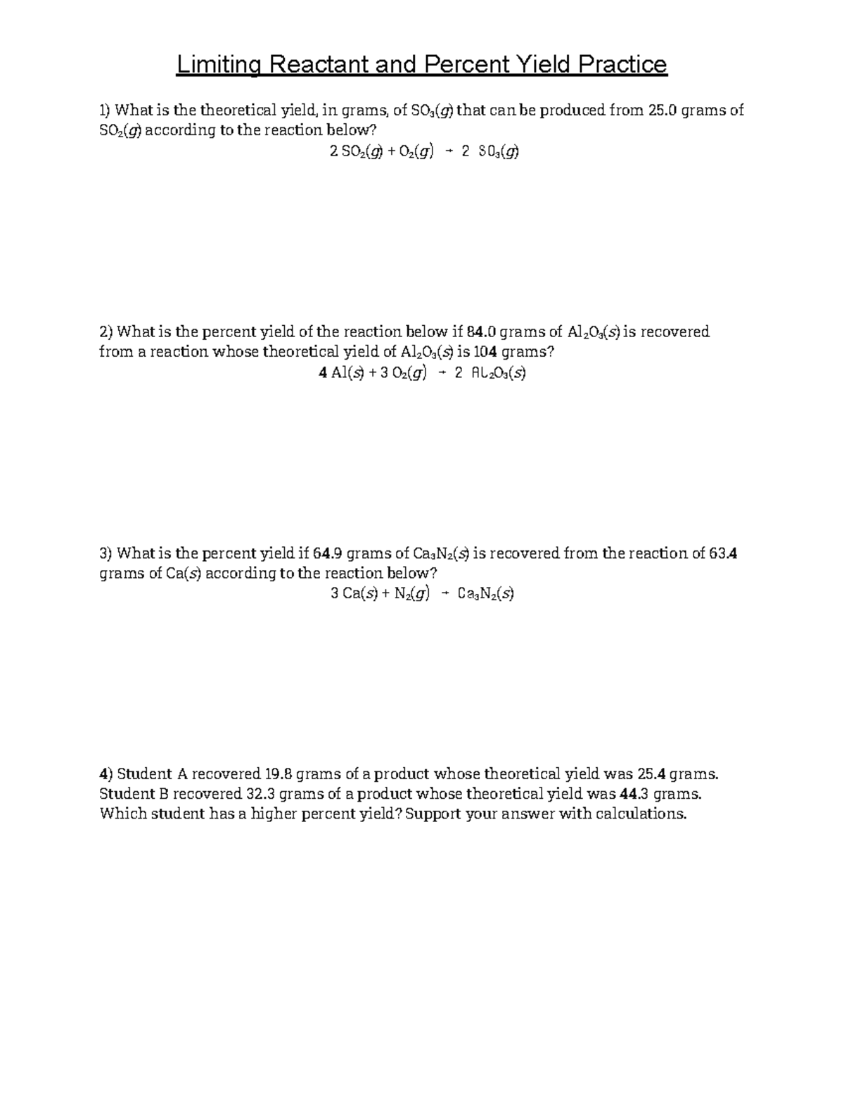 Percent Yield Practice for Chemistry 101: Limiting Reactants - Studocu