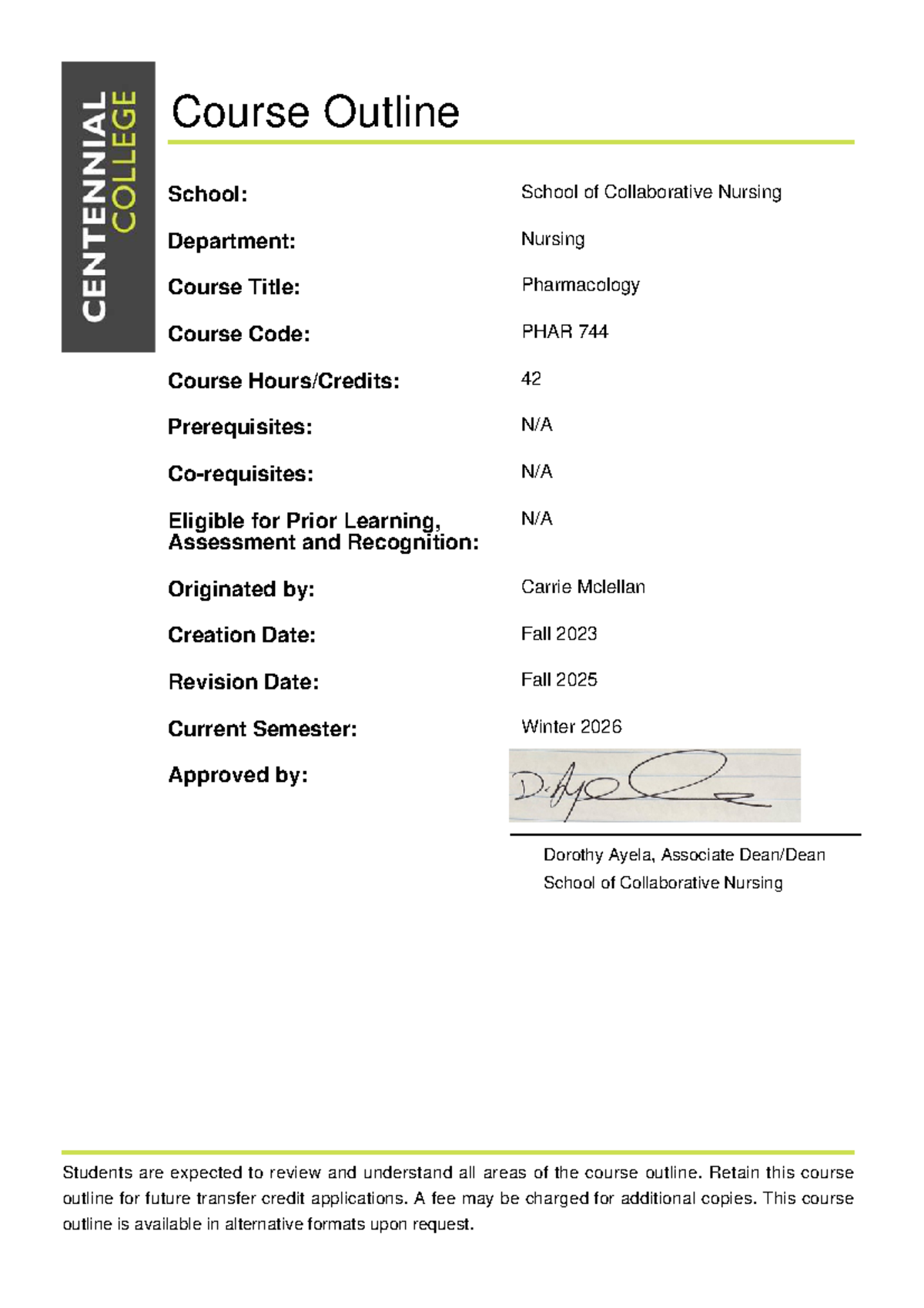 Course Outline: PHAR 744 - Pharmacology for Nursing Students - Studocu