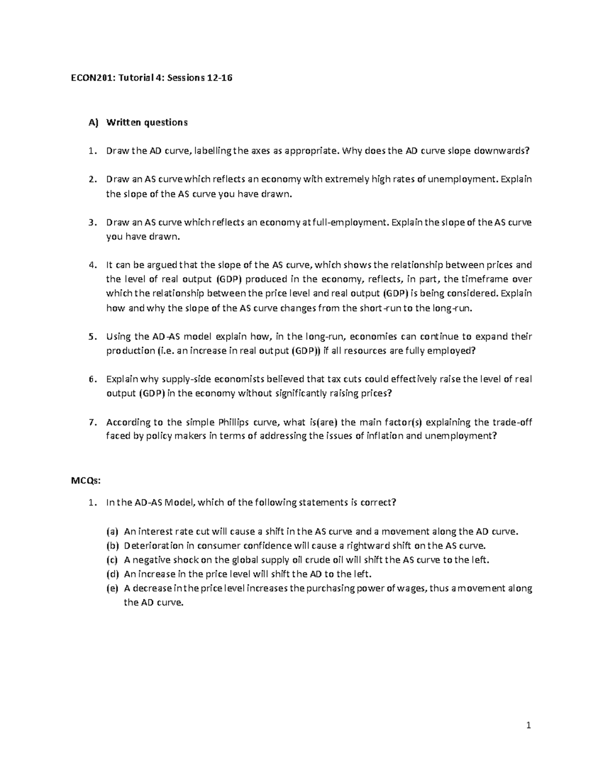econ 201 Tutorial 4 - 1 ECON201: Tutorial 4: Sessions 12- A) Written ...