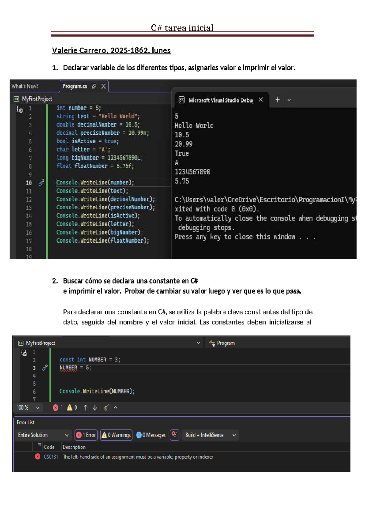 Prog1 CSharp Tarea 1: Tipos de Datos y Constantes en C# - Studocu