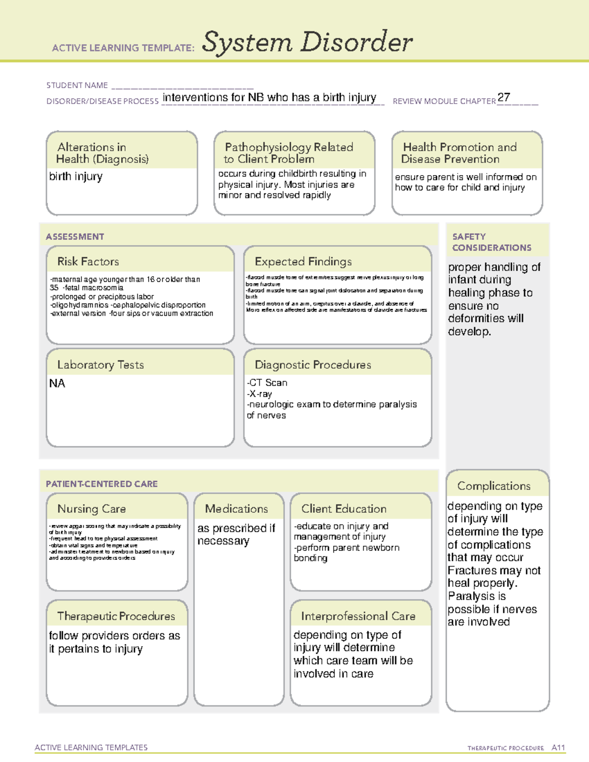15. ATI Nursing Care Plan for Neonatal Birth Injury Assessment - Studocu