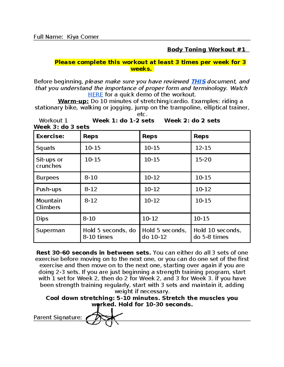 Workout 1: Body Toning Routine for Kiya Comer - Studocu