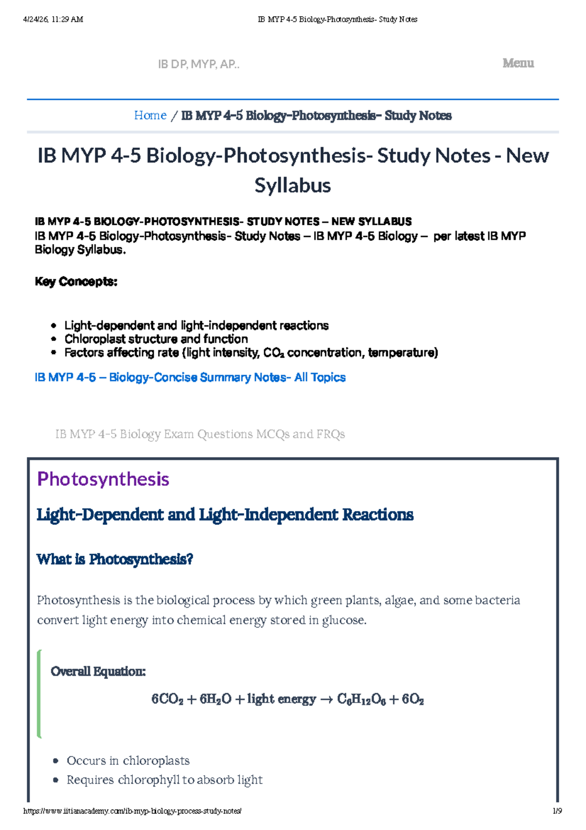 IB MYP 4-5 Biology: Photosynthesis Study Notes - Studocu