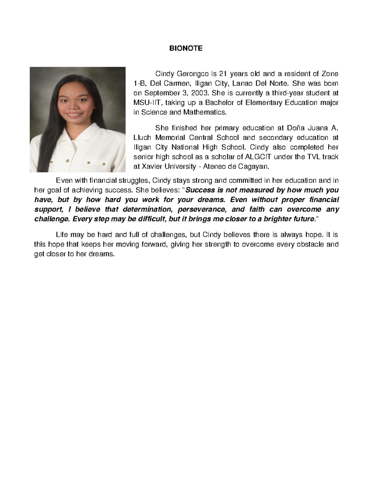 Bionote Gerongco - BIONOTE Cindy Gerongco is 21 years old and a ...