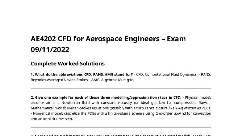 AE4202 CFD Exam 2022: Complete Worked Solutions - Studocu