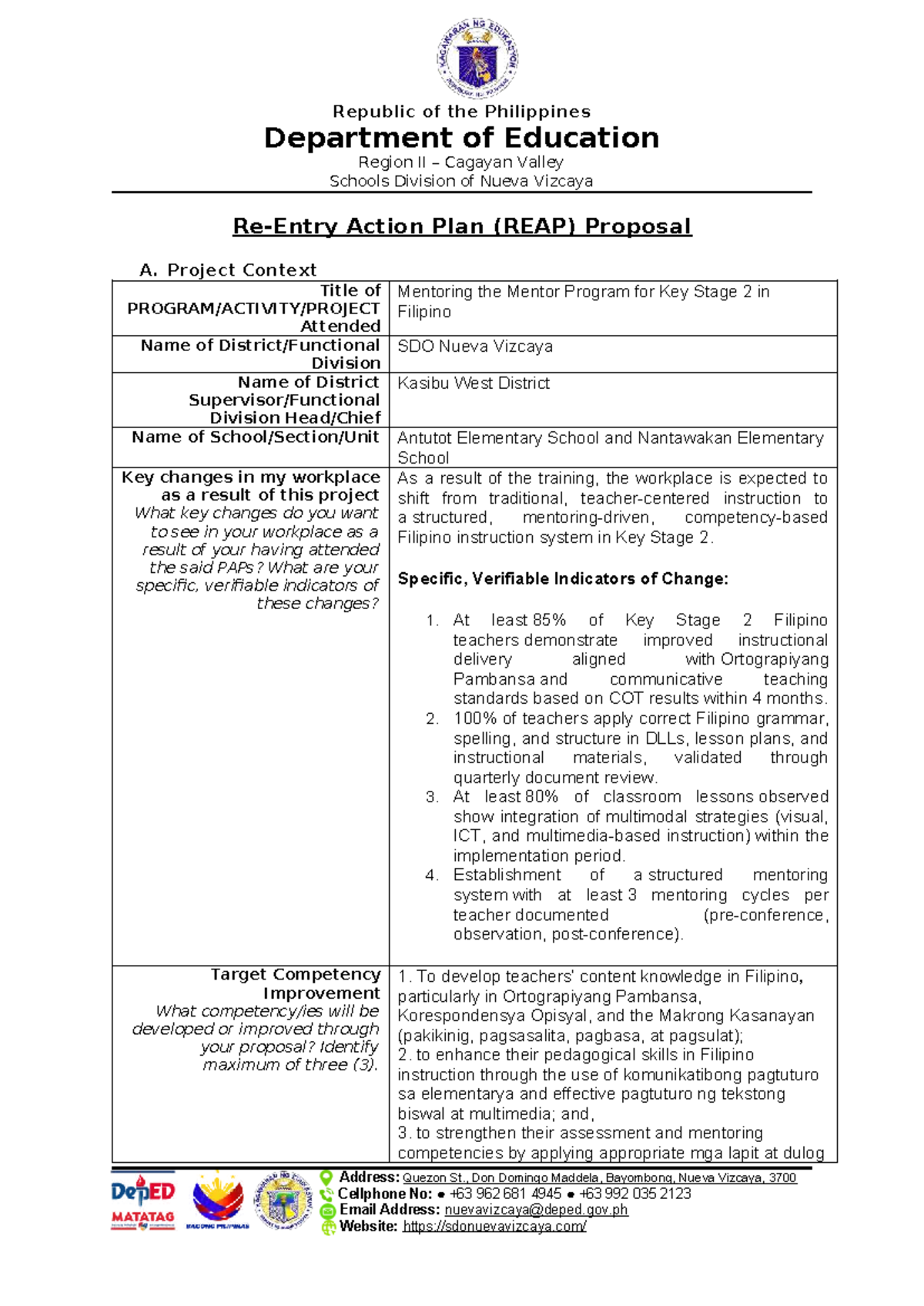 REAP Proposal: Mentoring the Mentor Program for Key Stage 2 Filipino ...