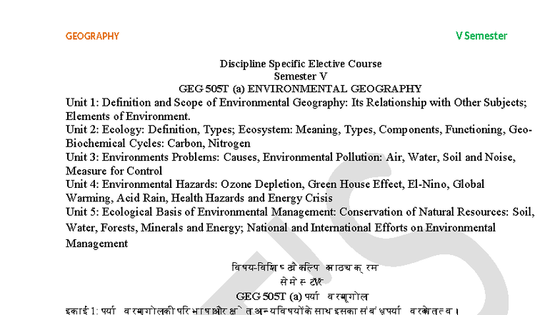 V Sem GEG 505T Environmental Geography Syllabus Overview - Studocu