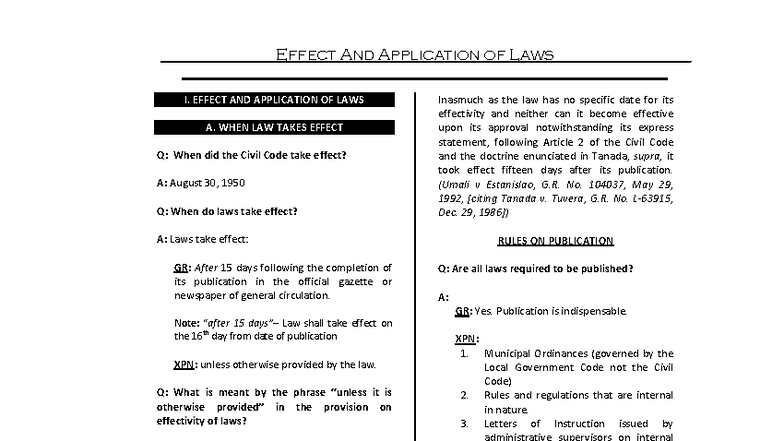 EFFECT AND APPLICATION OF LAWS: UST GOLDEN NOTES 2011 - Studocu
