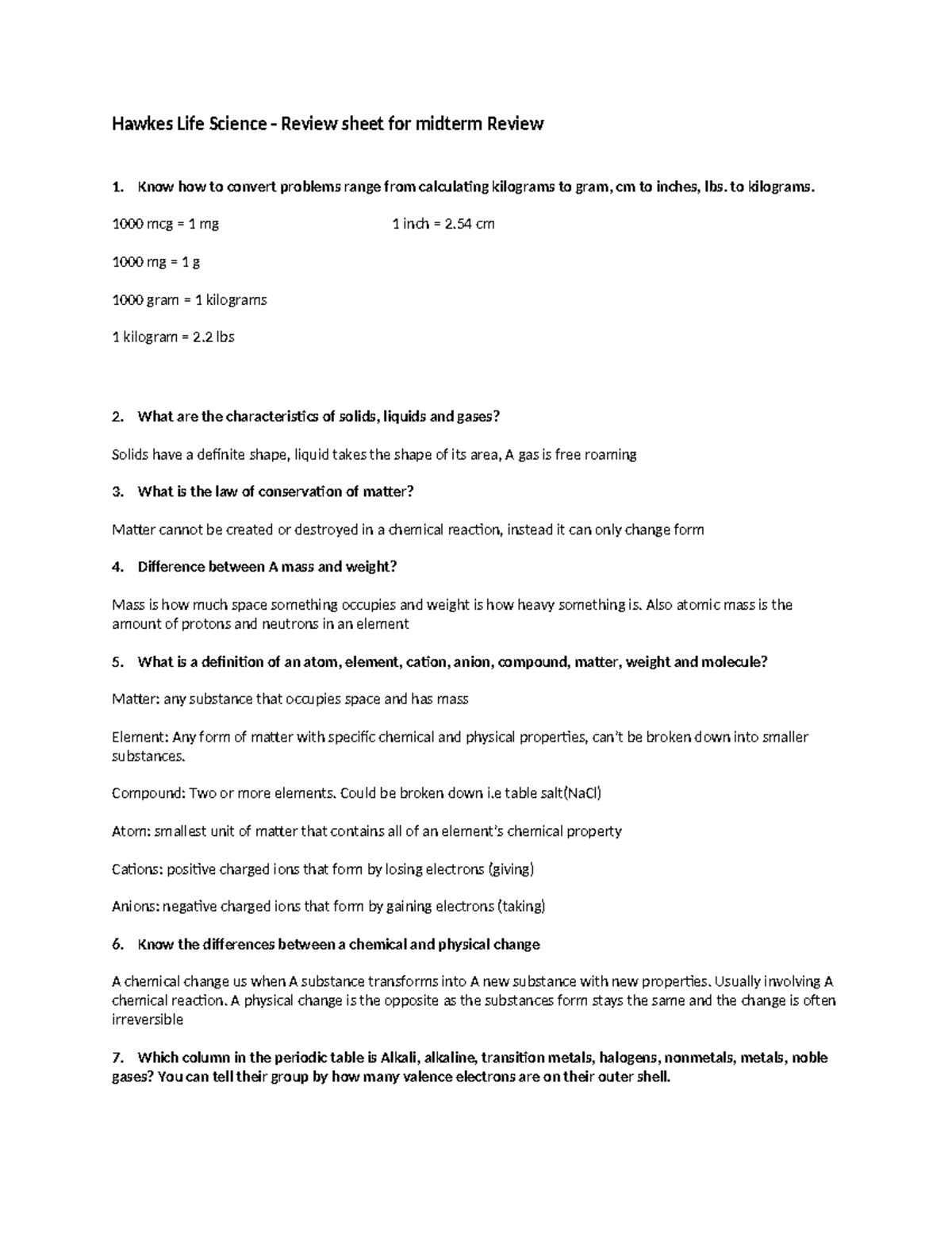 Hawkes Life Science MIDTERM Review Guide - Key Concepts & Terms - Studocu