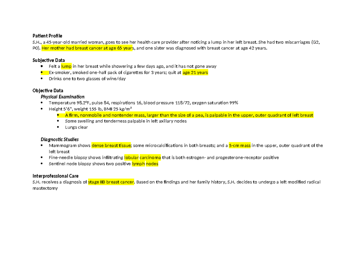 Breast Cancer Case Study: Patient Profile S.H. and STI Matrix - Studocu