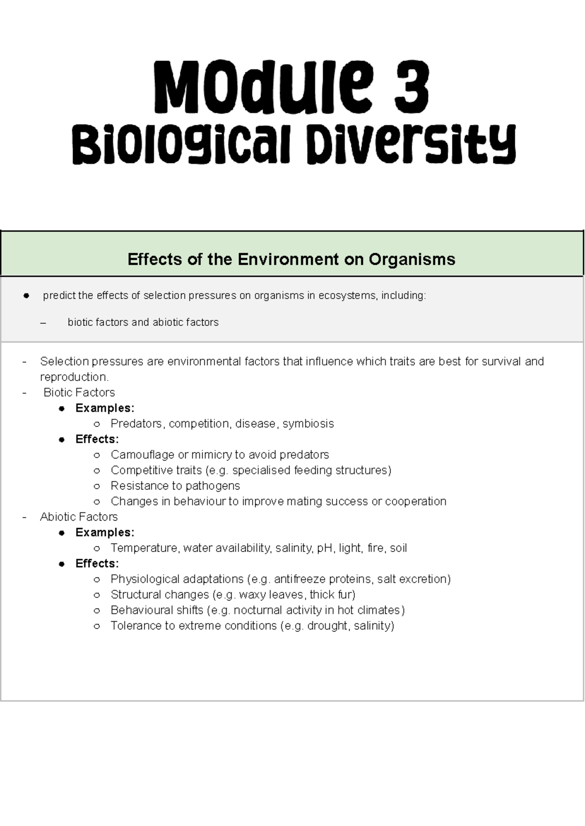 Module 3 Study Notes: Effects of Environment on Organisms and Evolution ...