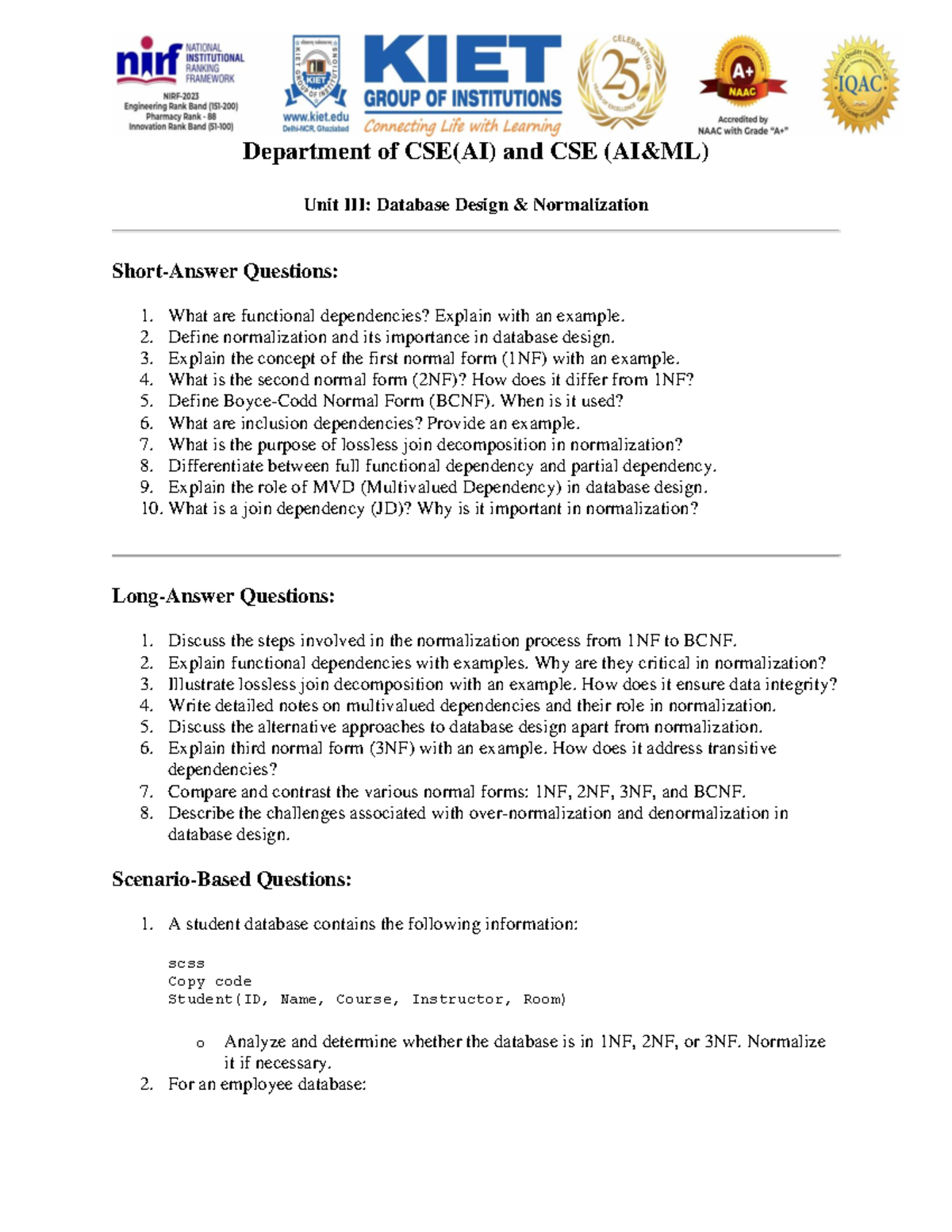 DBMS CSE(AI) Unit-3: Database Design Normalization Questions & MCQs - Studocu