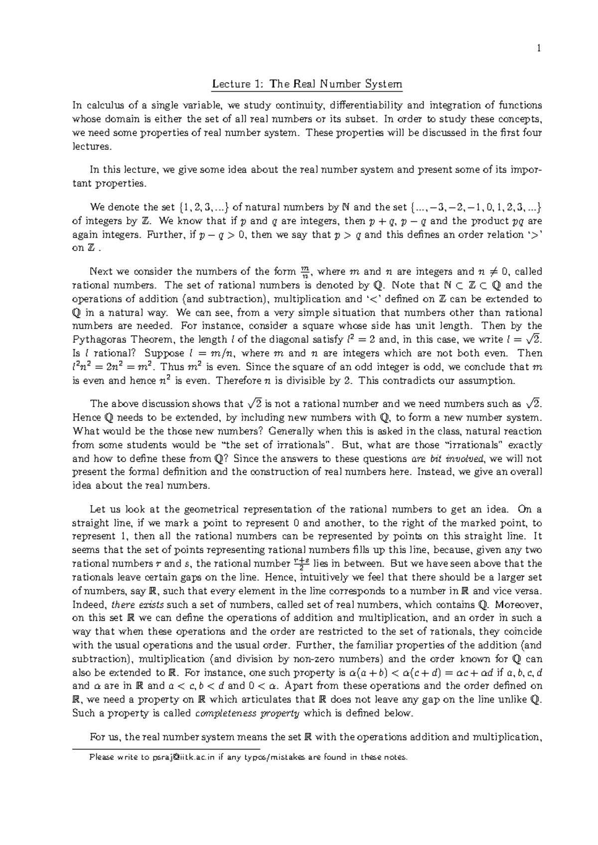 Ln 121 This Is The Lecture Notes By Ps Raj 1 Lecture 1 The Real Number System In