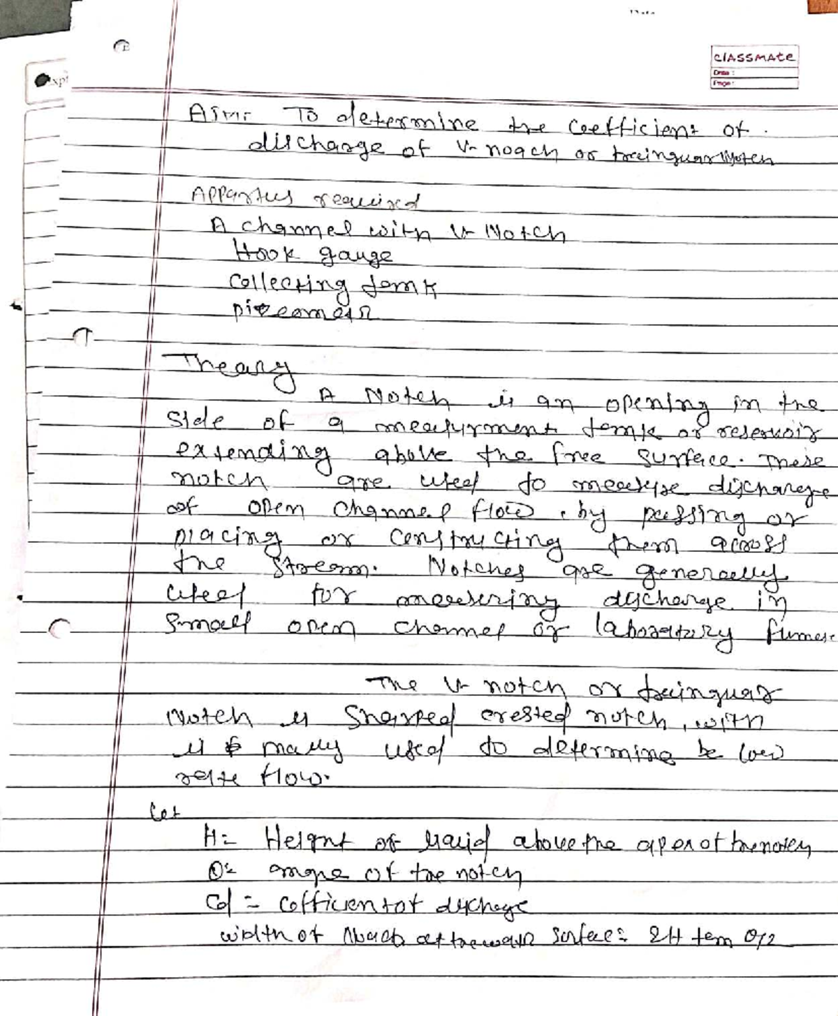 Determining Coefficient of Discharge for V-Notch (Lab Report) - Studocu