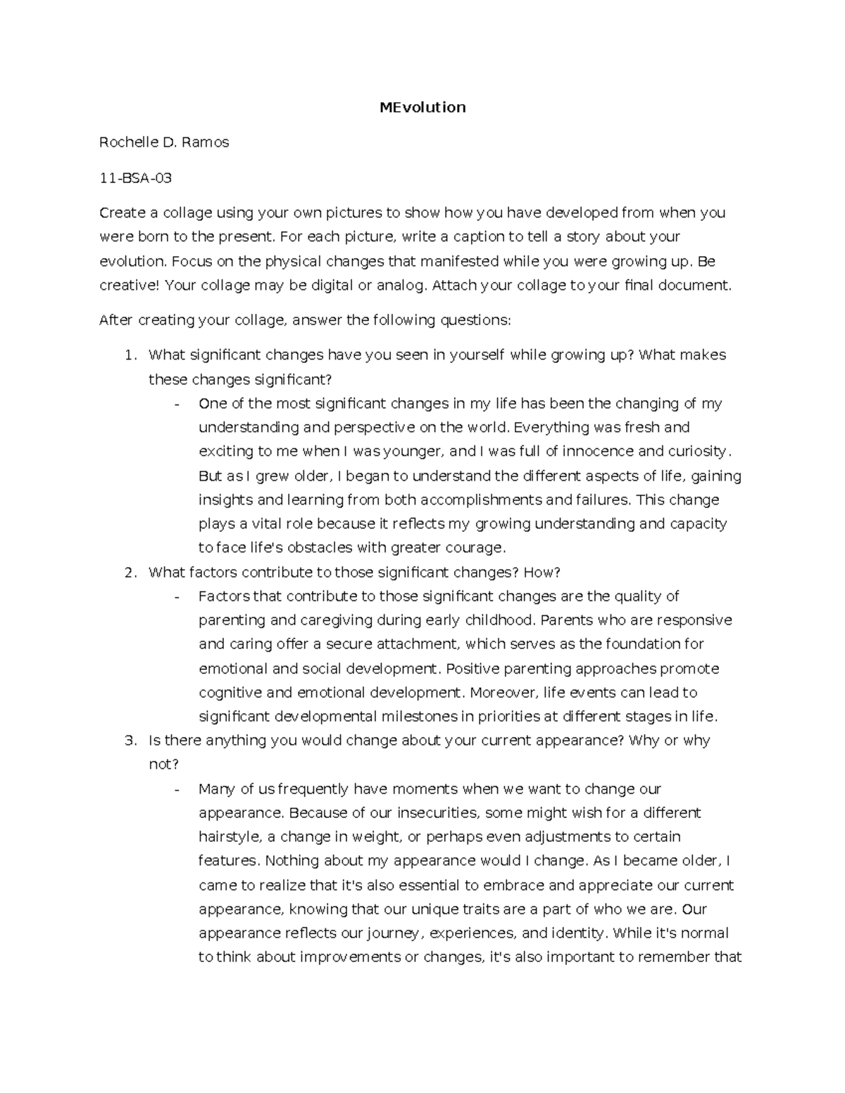 MEvolution Reflection: Personal Growth and Changes Over Time - Studocu