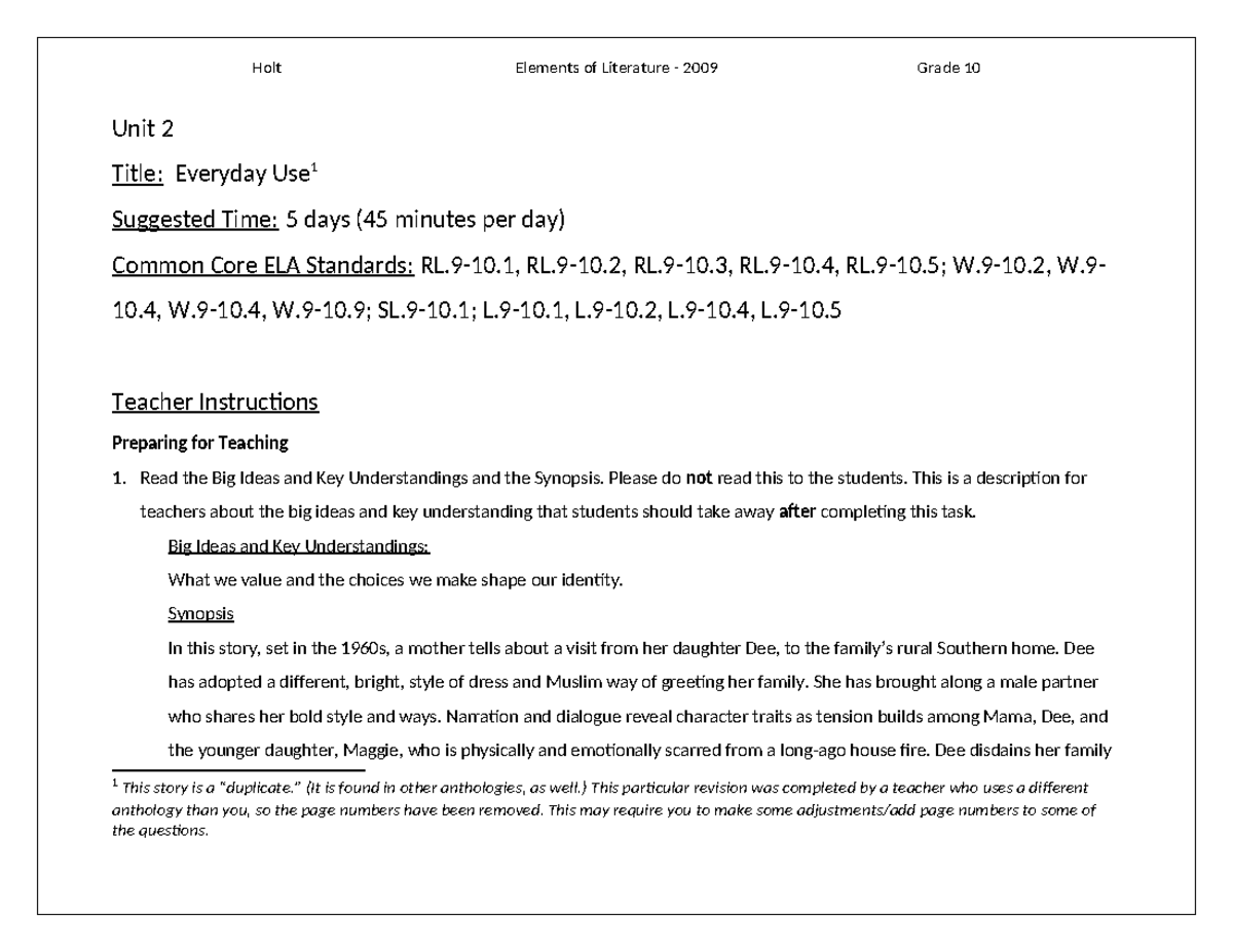 Lesson Plan: Everyday Use Analysis - ELA 9-10 - Studocu