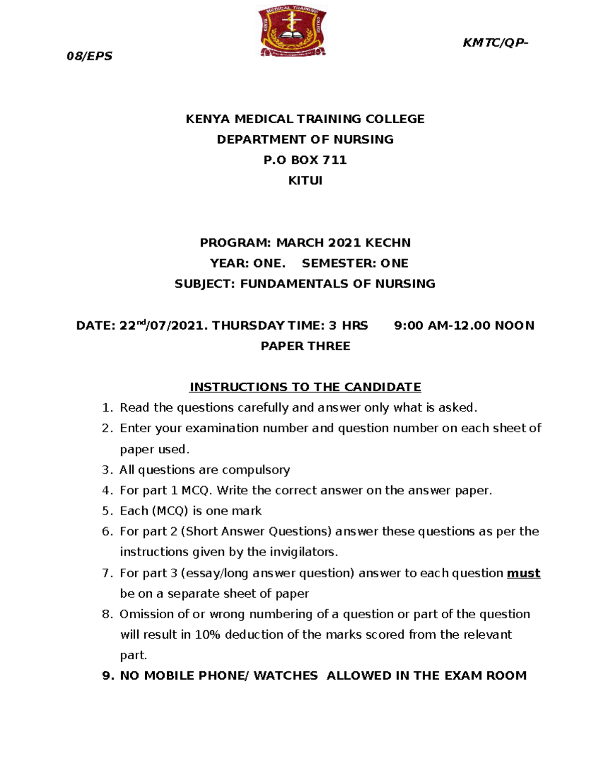 Fundamentals of Nursing Exam Paper - March 2021 (KMTC/QP-08/EPS) - Studocu