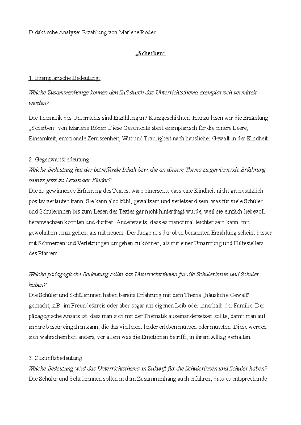 Didaktische Analyse der Erzählung "Scherben" von Marlene Röder - Studocu
