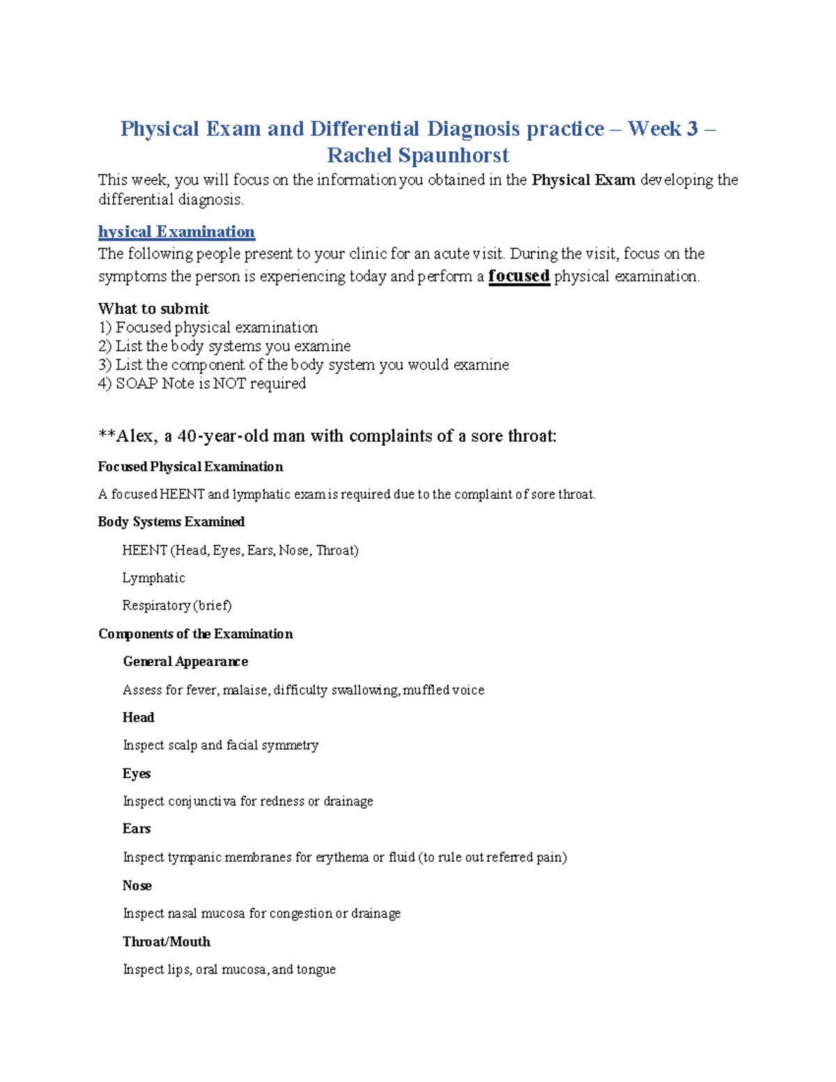 Physical Exam & Differential Diagnosis Practice Wk 3 - RSpaunhorst ...