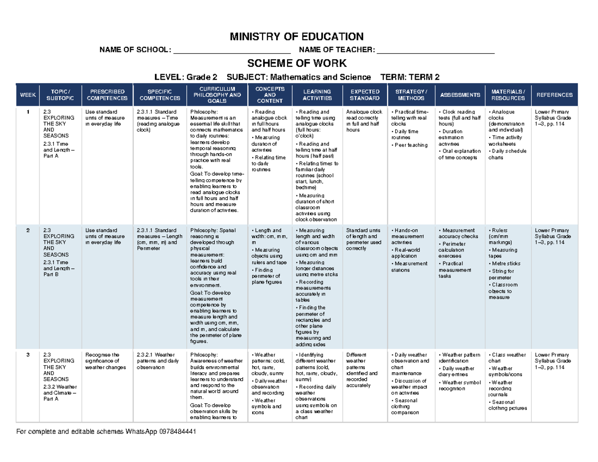 Grade 2 Math & Science Term 2 Scheme of Work - Studocu