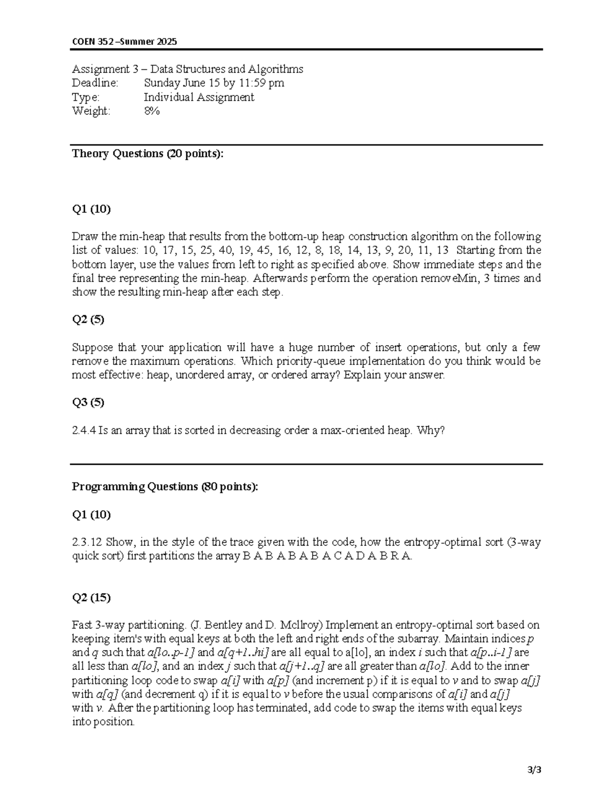 COEN 352 2025 Assignment 3: Data Structures & Algorithms Tasks - Studocu
