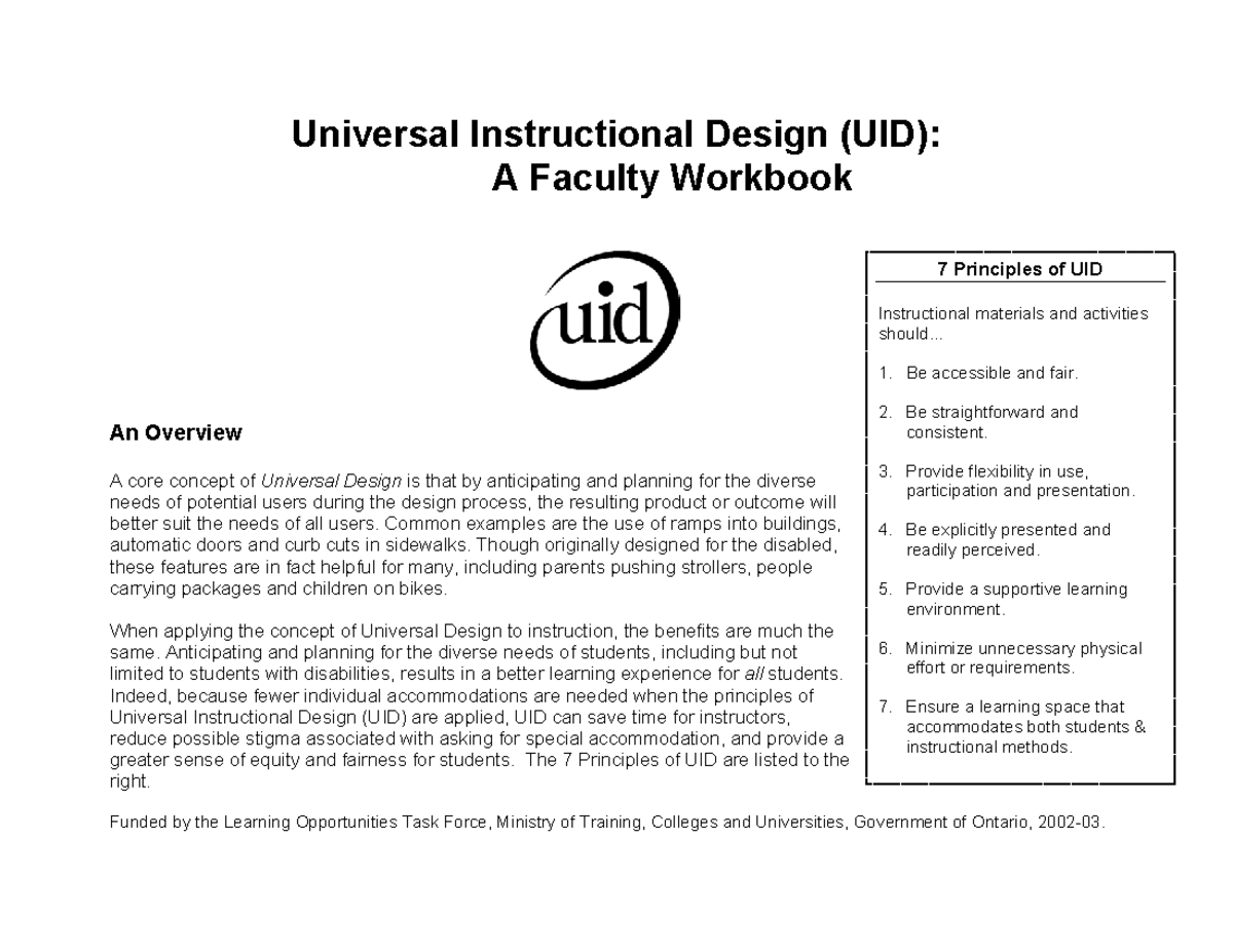 Universal Instructional Design (UID) Faculty Workbook - FTF Guide - Studocu