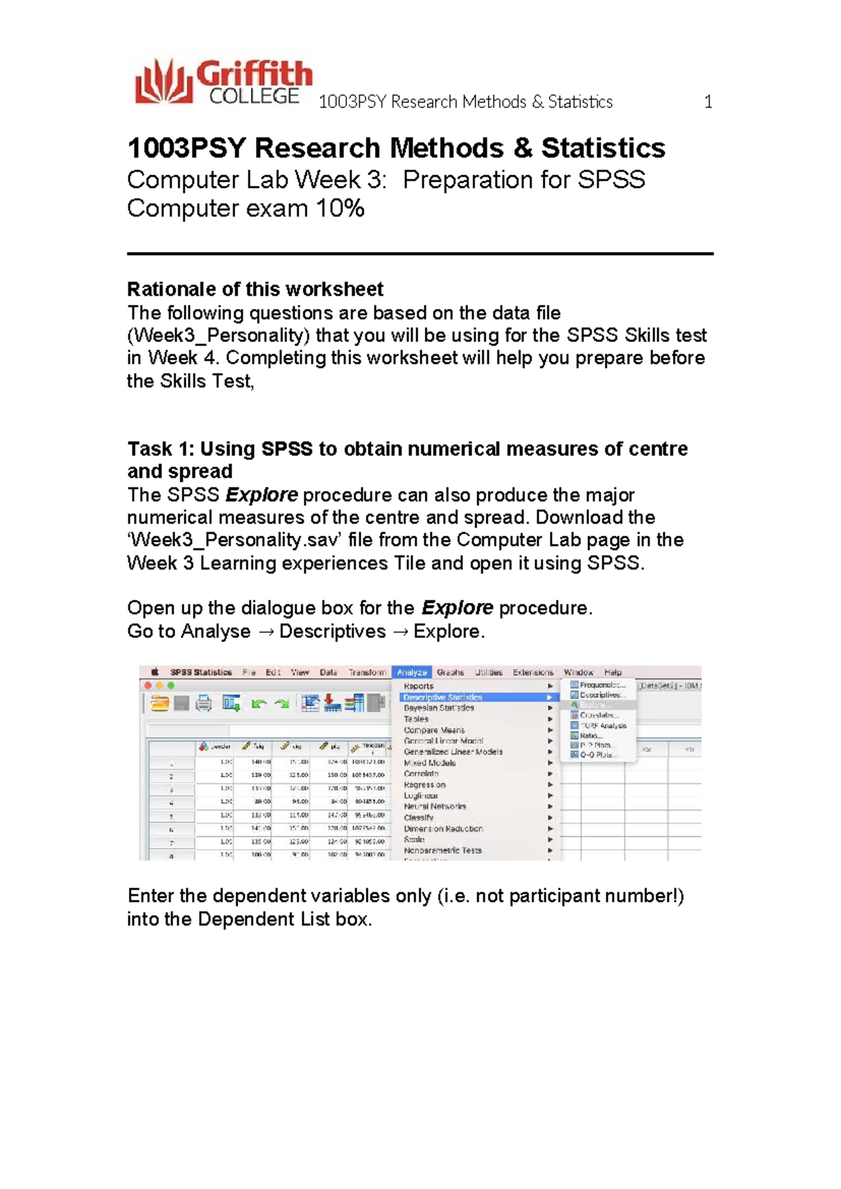 1003PSY Week 3 SPSS Skills Test Prep Worksheet - Studocu