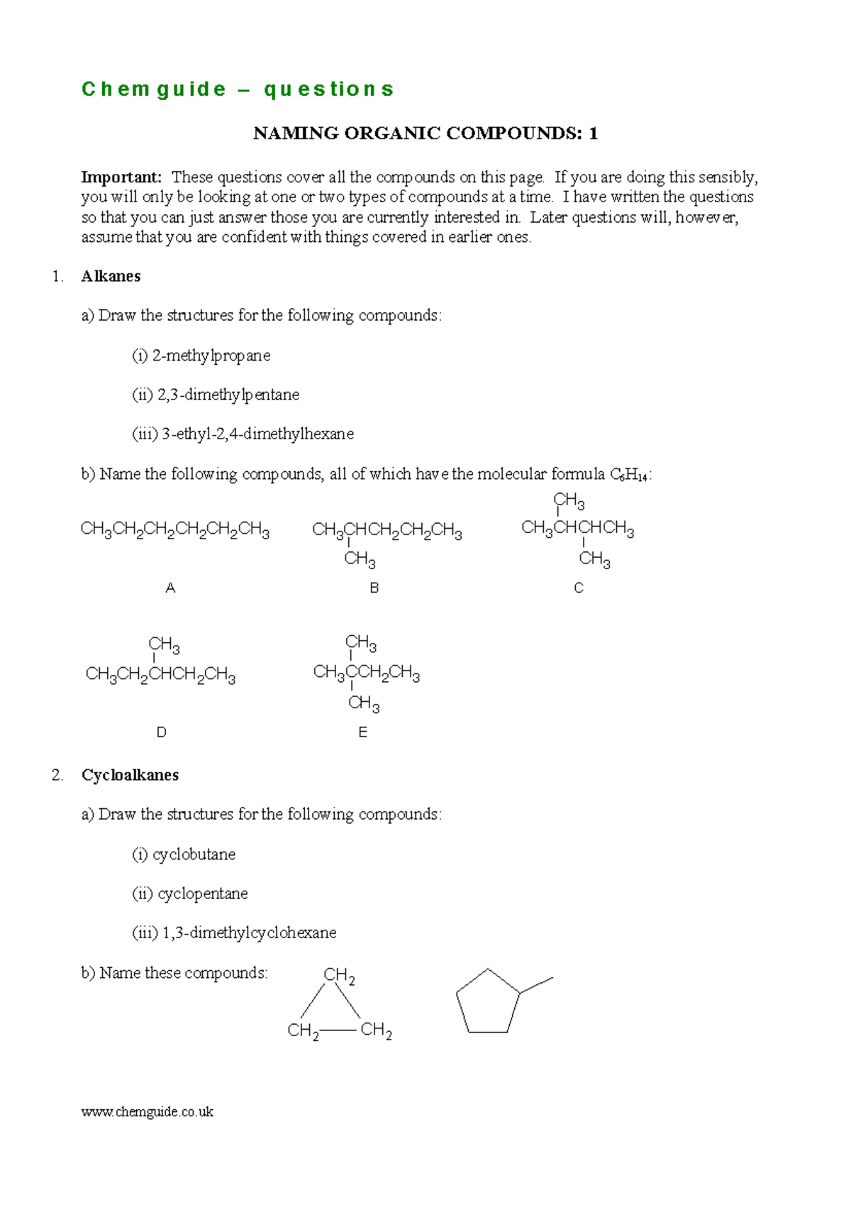 Chem 101: Naming Organic Compounds Practice Questions - Studocu
