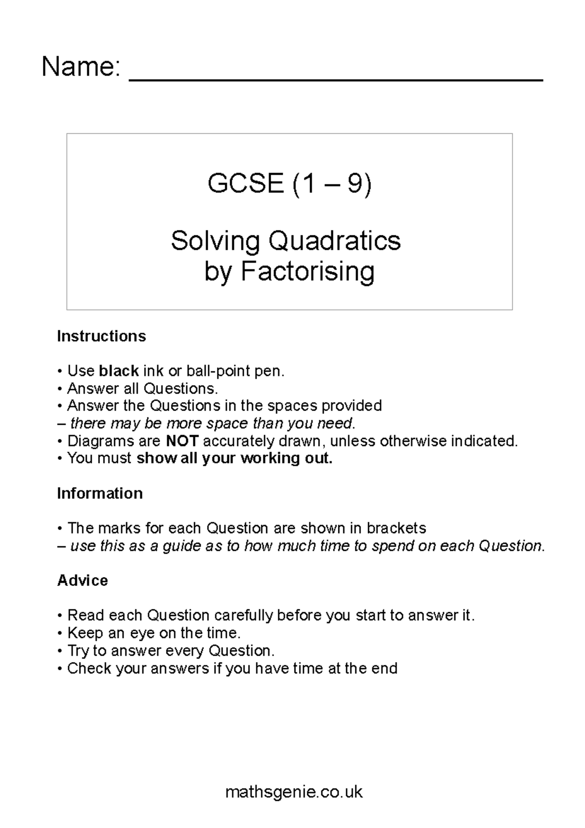 GCSE (1 9) Solving Quadratics: Factorising Techniques and Examples ...