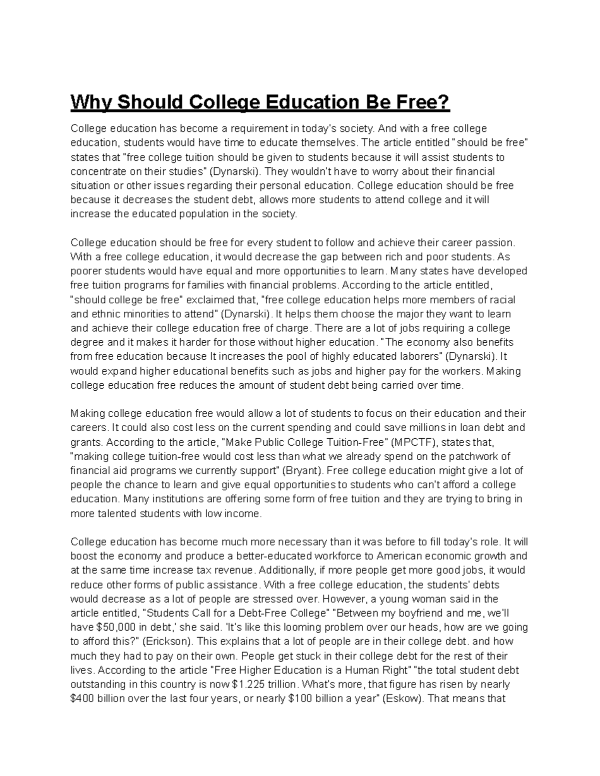 College Education Should Be Free: A Comprehensive Essay [ESSAY] - Studocu