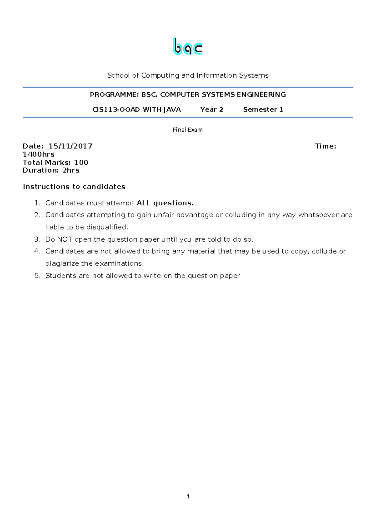 BSC. Computer Systems Engineering with Java Year 2 Sem 1 Final Exam ...