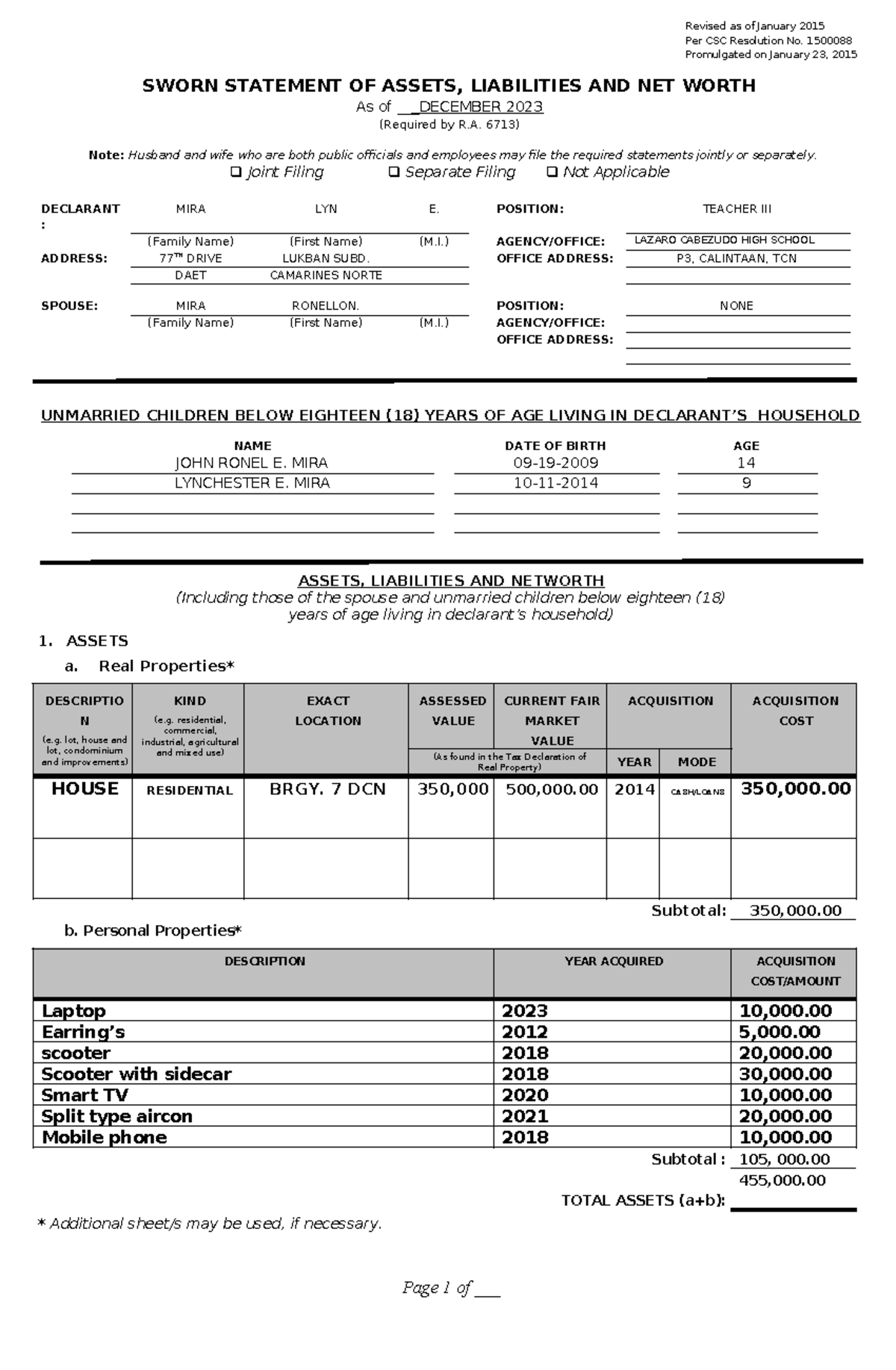 2015-SALN-Form: Sworn Statement of Assets & Liabilities - Studocu