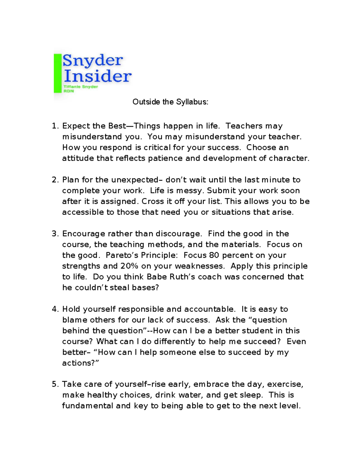 Snyder Insider: Life Lessons Beyond the Syllabus (1) - Studocu
