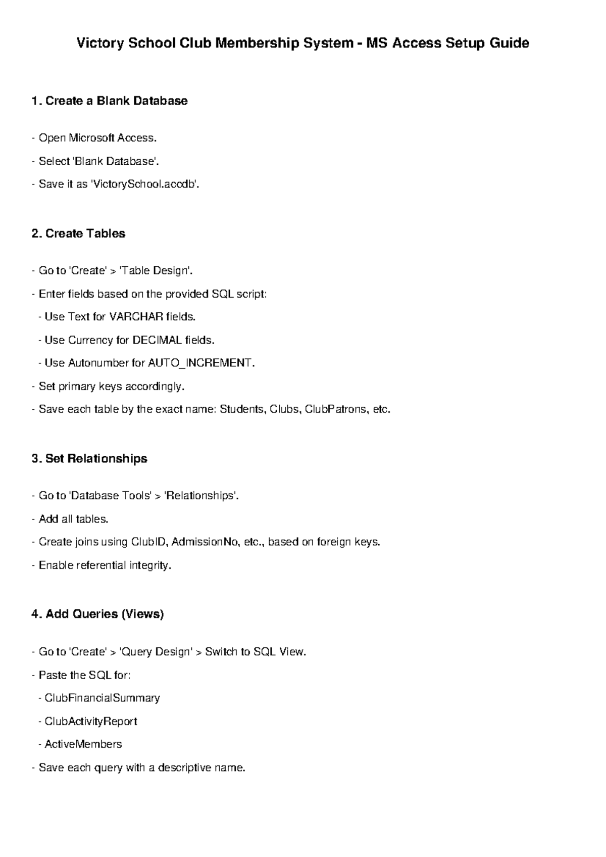 Victory School Club Membership System MS Access Setup Guide - Studocu