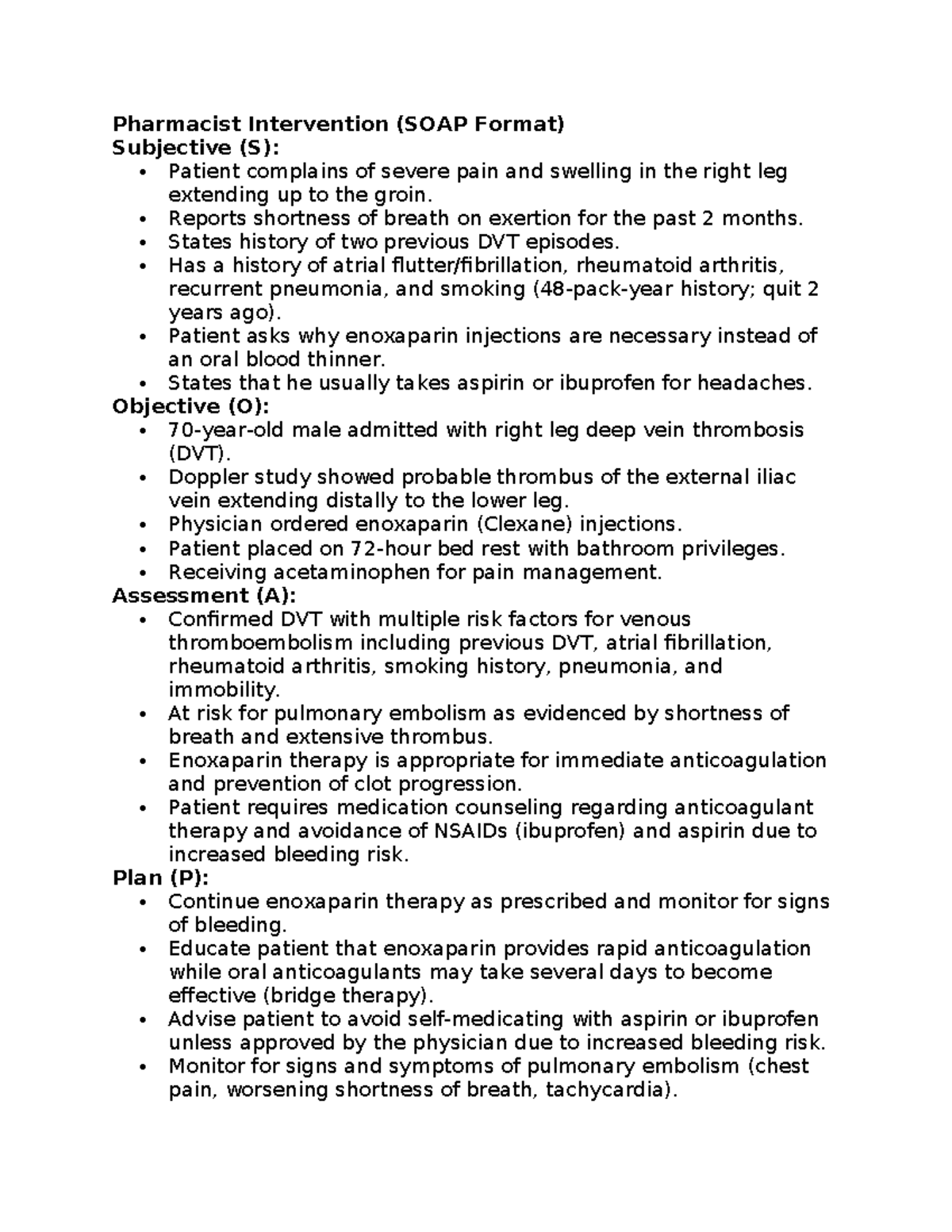 Pharmacist Intervention Case Study: DVT Management (SOAP Format) - Studocu
