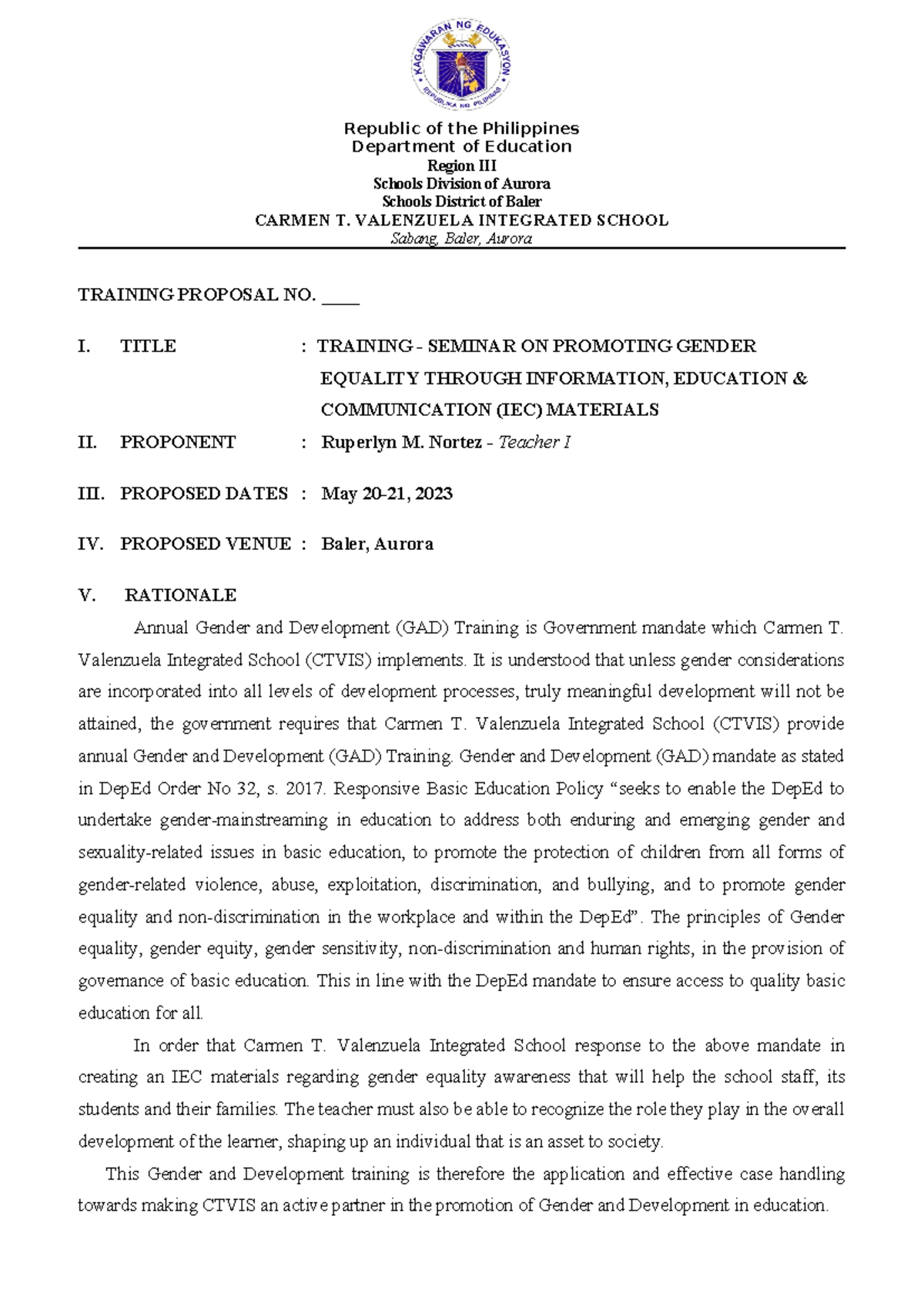 Training Proposal: Gender Equality Seminar for GAD Implementation - Studocu