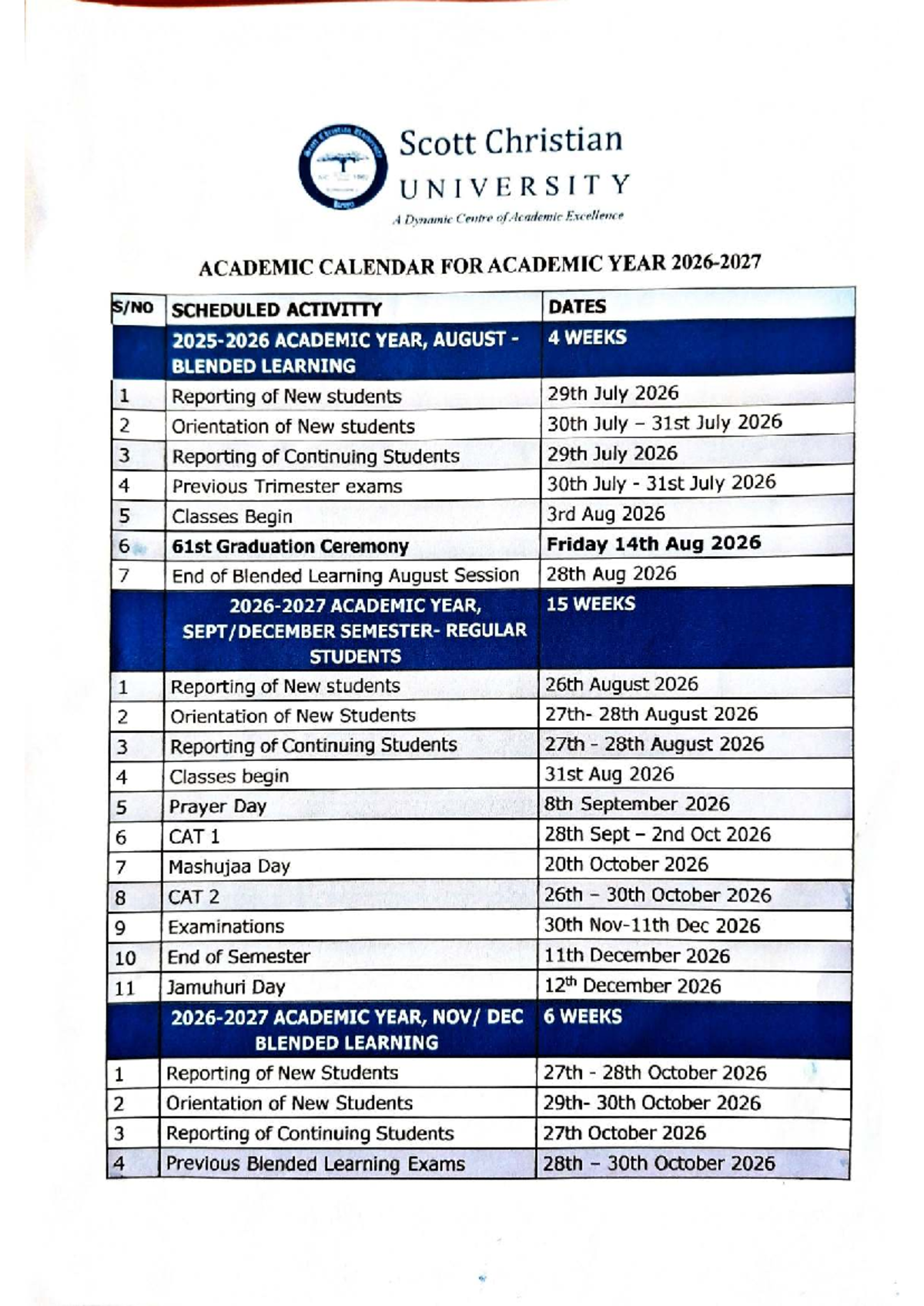 Academic Calendar 2026-2027: Key Dates & Activities - Studocu