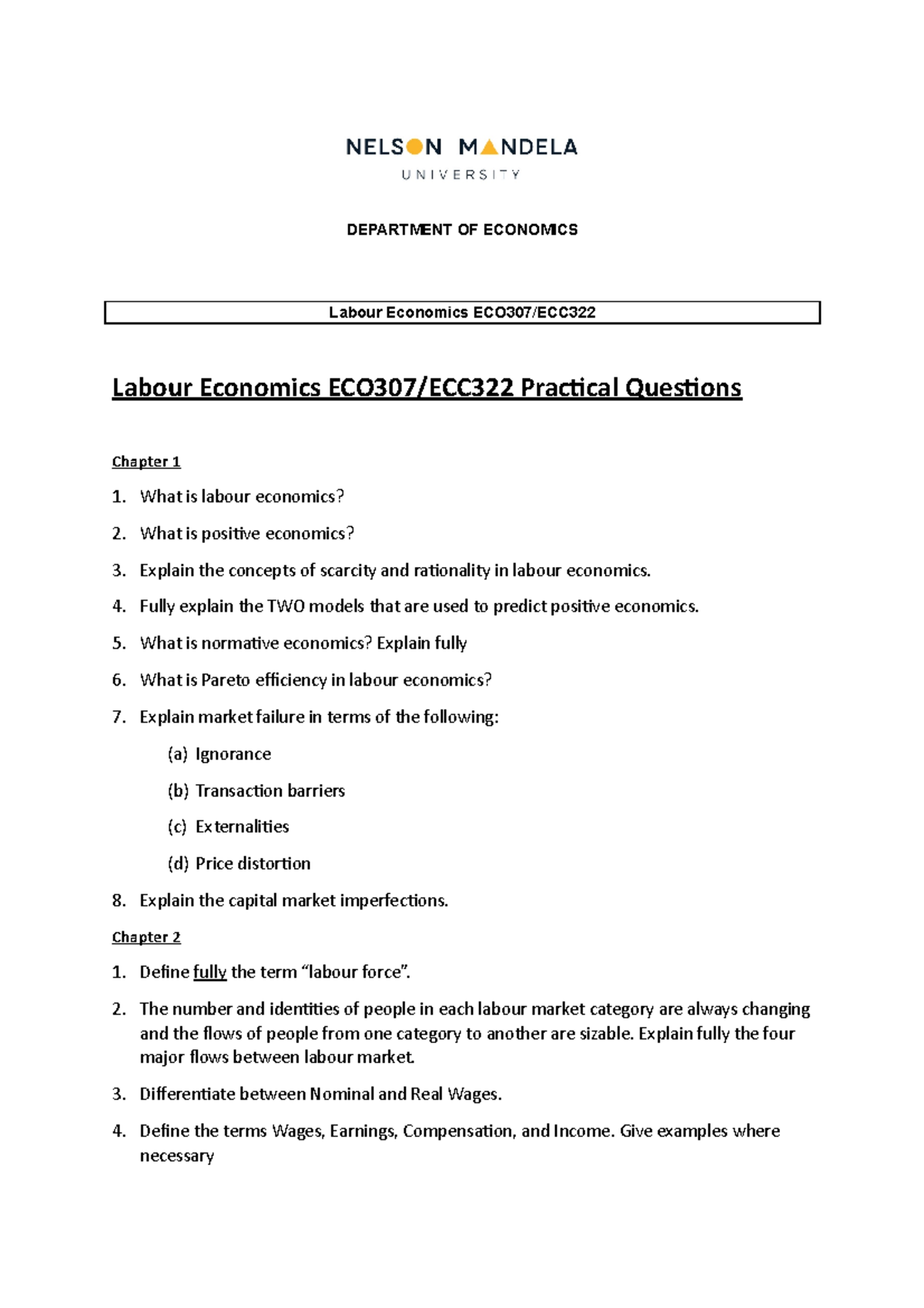 Labour Economics Practical Questions - ECO307/ECC322 Study Guide - Studocu