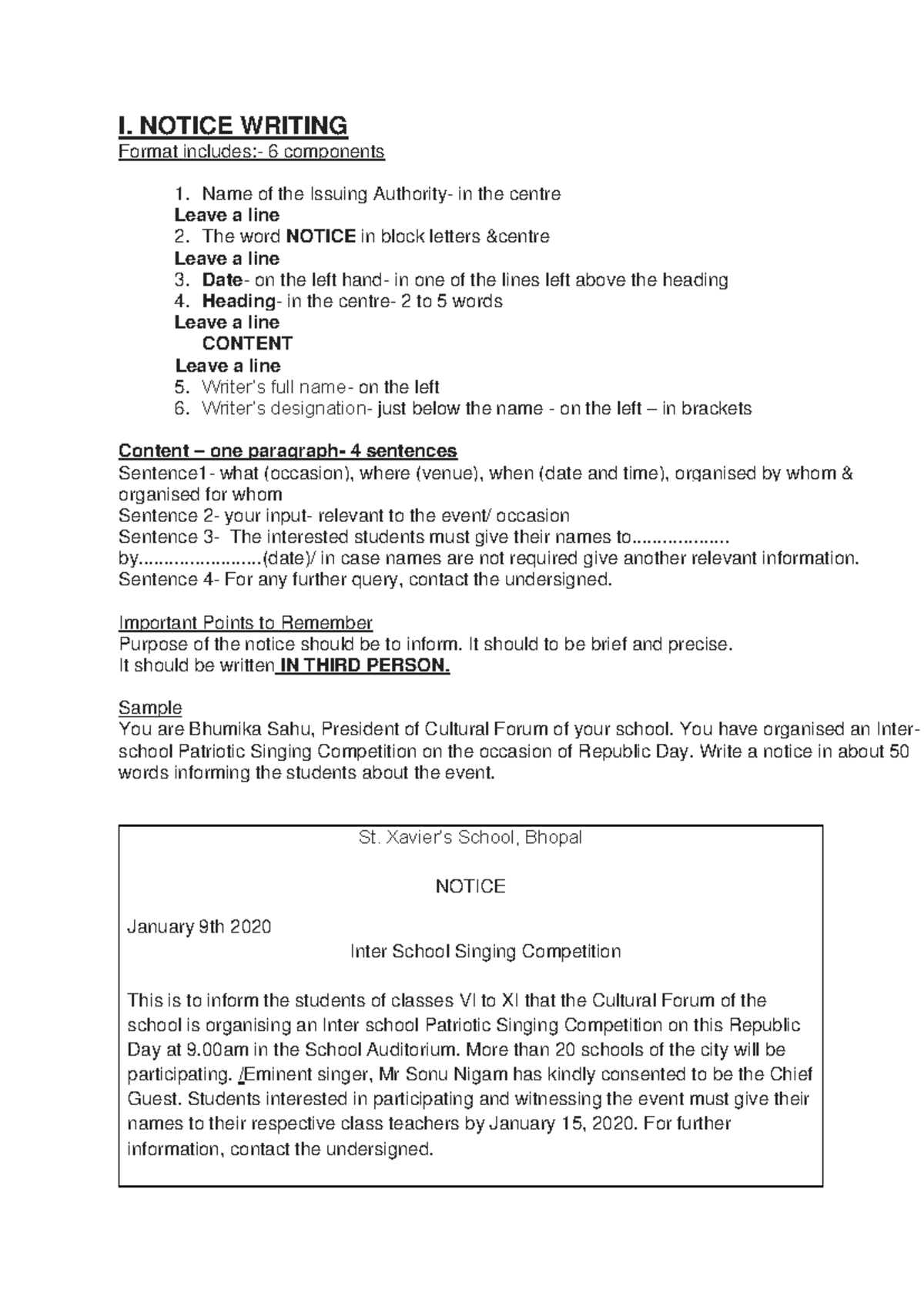 Writing Skill- complete 2022-23 - I. NOTICE WRITING Format includes:- 6 ...