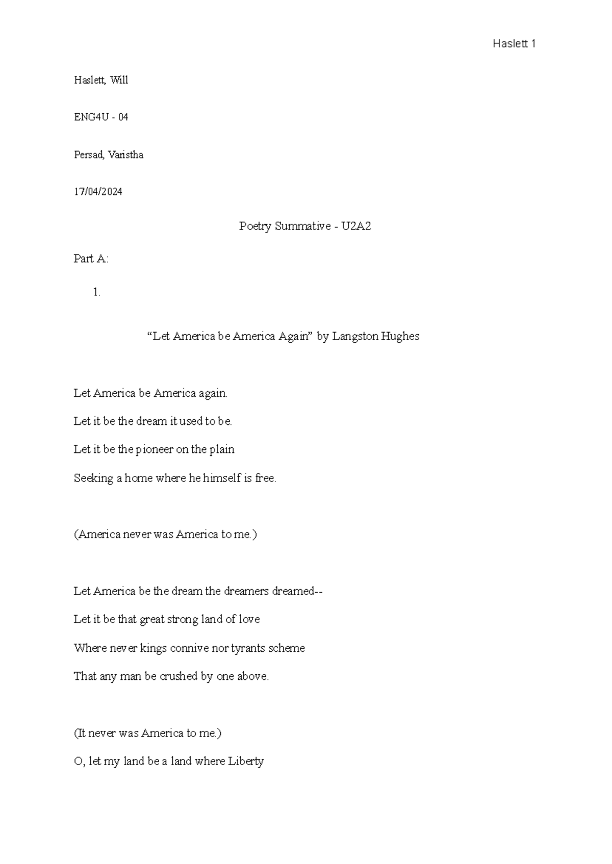 ENG4U - Unit 2 Poem Analysis: "Let America be America Again" - Studocu