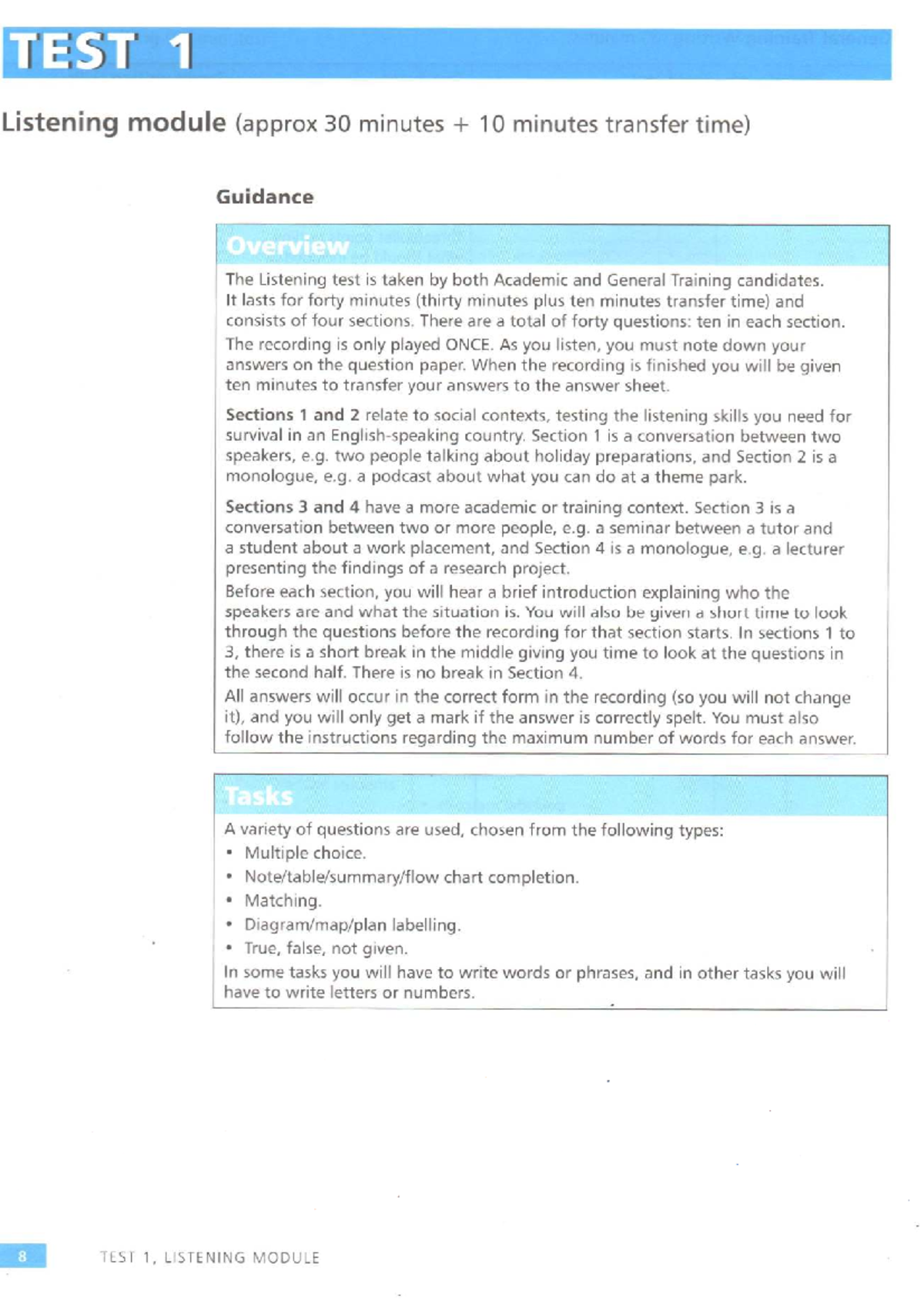 TEST 1 Listening & Reading Module Overview (Academic & General) - Studocu