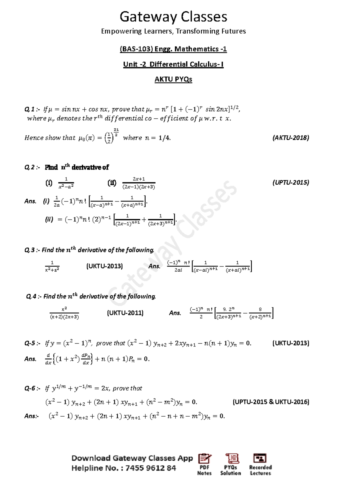 Engineering Mathematics IM 1 U 2 AKTU PYQs - Gateway Classes - Studocu
