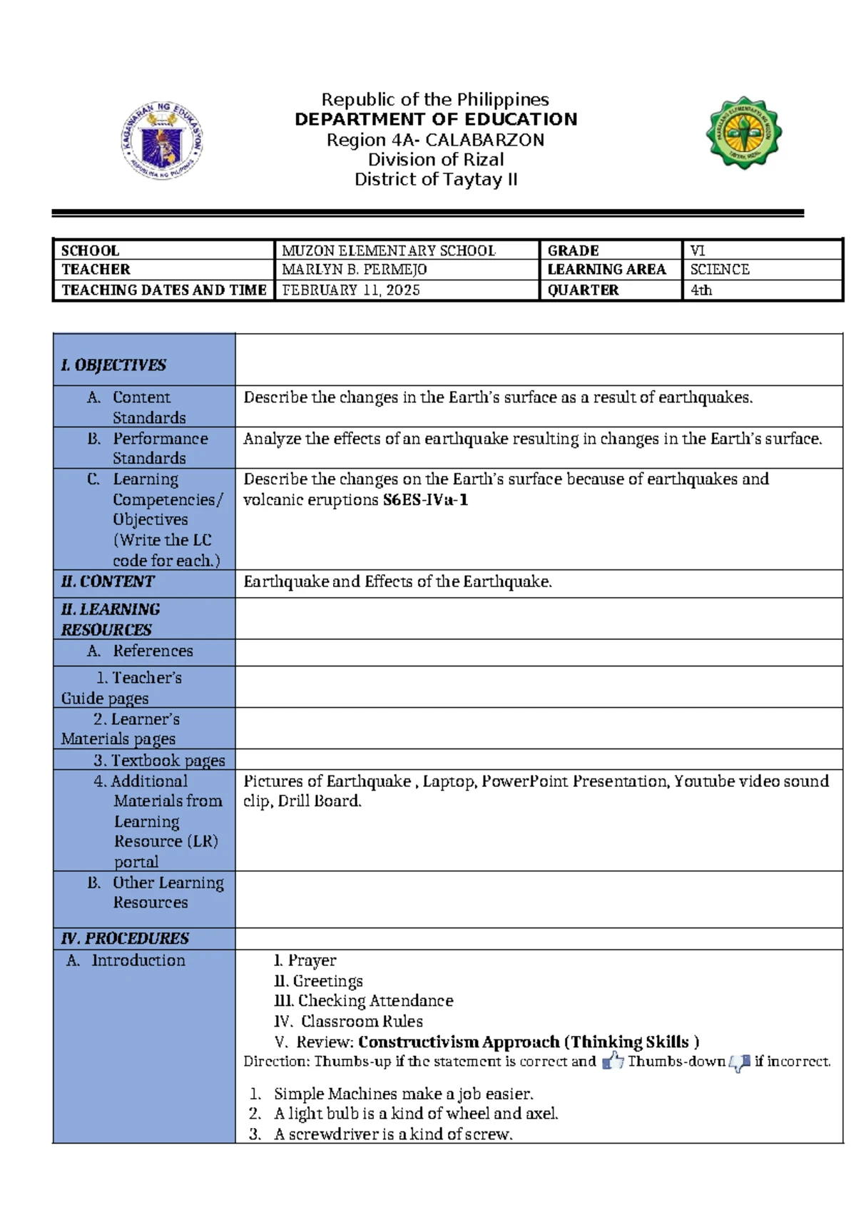 Science VI Lesson Plan: Earthquake Preparedness and Safety Measures ...