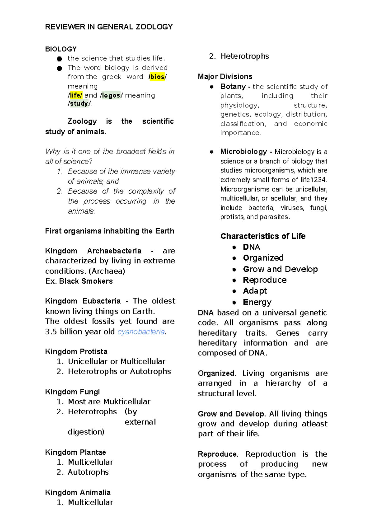 ZOO101 - General Zoology Reviewer: Key Concepts and Principles - Studocu