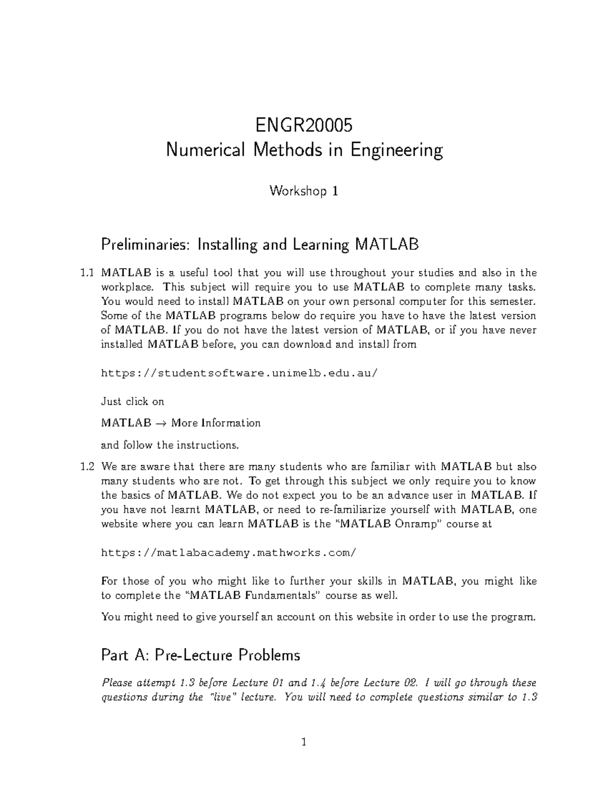Numerical Methods in Engineering (ENGR 101) Workshop 01: MATLAB Basics ...