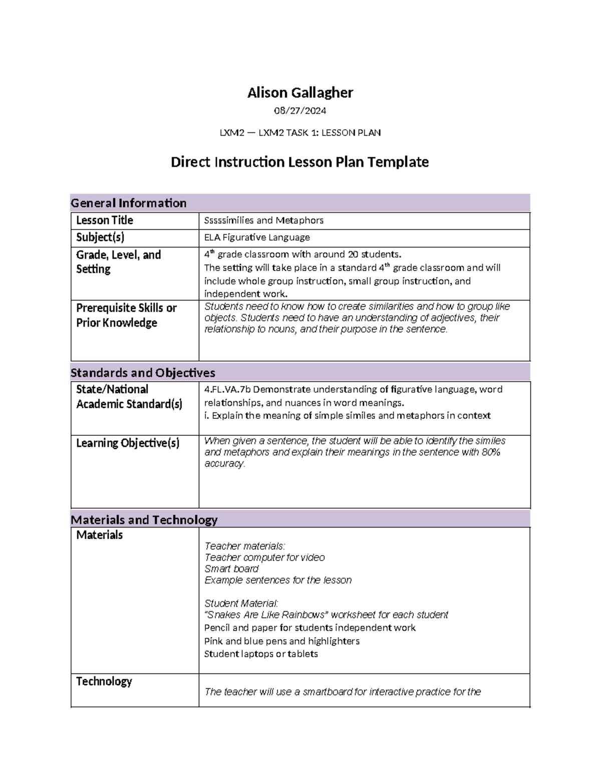 Task1 - Task 1 - Alison Gallagher 08/27/ LXM2 — LXM2 TASK 1: LESSON ...