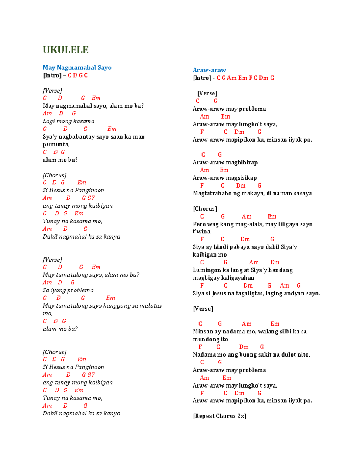 Tagalog WS Lyrics and Chords for Ukulele: Worship Songs Collection ...